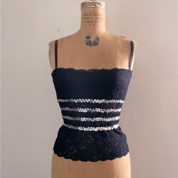 une | Tops | Une Black Stretching Lace Silver Sequins Removable Straps ...